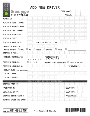 Fillable Online ADD NEW DRIVER CBSA CODE - Greeneye e-Manifest Fax ...