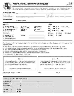 Fillable Online This form is used only if requesting an alternate bus ...