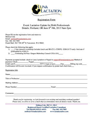 Fillable Online Registration Form Event Lactation Update for Birth Fax ...