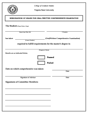 Fillable Online gradstudies vsu Memorandum of Grade for Oral/Written ...