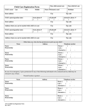Fillable Online Child Care Registration Form - children39s garden home ...
