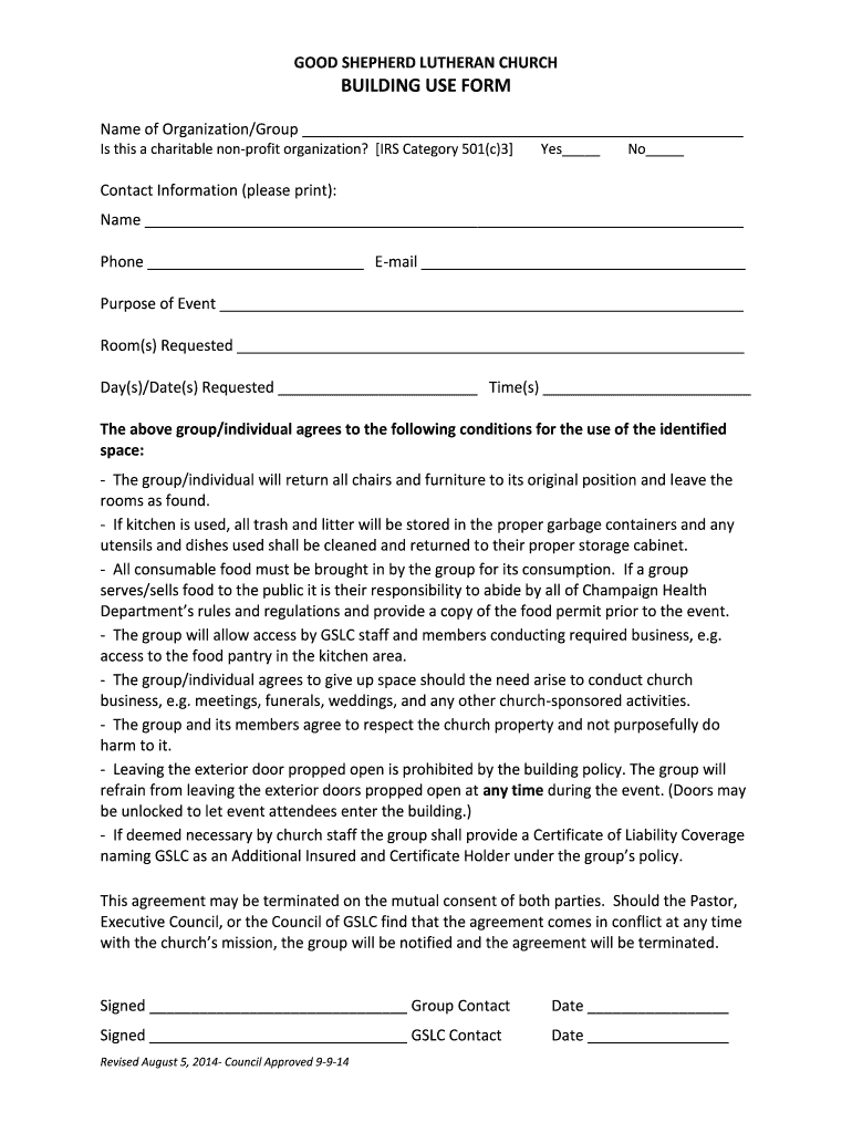 Fillable Online gslc-cu GOOD SHEPHERD LUTHERAN CHURCH BUILDING USE FORM ...