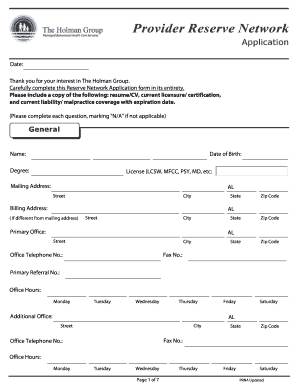 Fillable Online Provider Reserve Network Application - The Holman Group ...