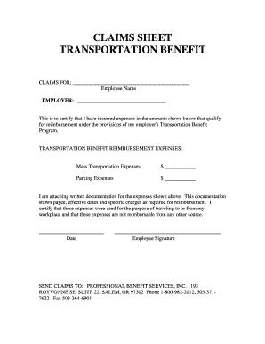 Fillable Online Claims sheet transportation benefit - Professional ...
