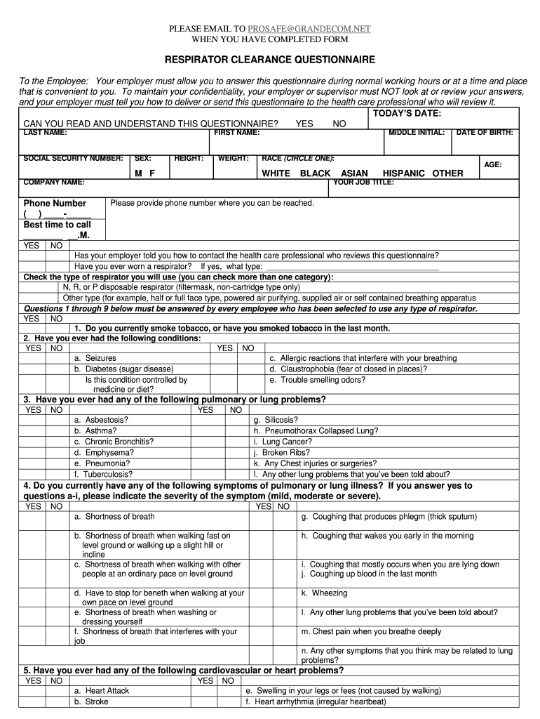 Fillable Online reif RESPIRATOR CLEARANCE QUESTIONNAIRE - bReifbbiob ...