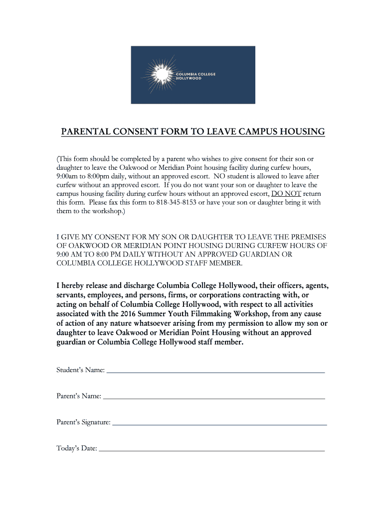 Fillable Online columbiacollege BPARENTAL CONSENT FORMb TO LEAVE CAMPUS ...