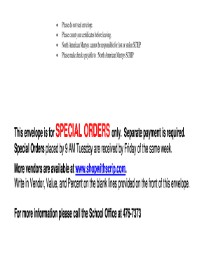 Fillable Online SPECIAL ORDERS only Separate payment is required More ...
