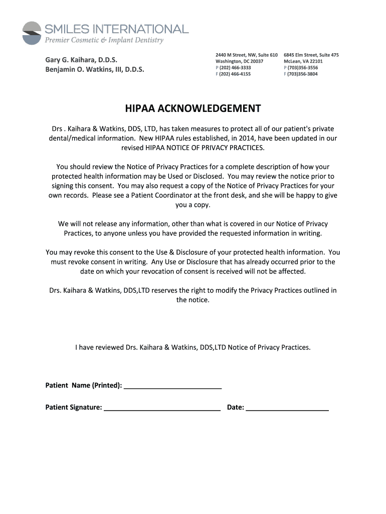 Fillable Online HIPAA Acknowledgement - Smiles International Fax Email ...