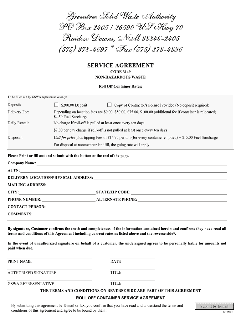 Fillable Online greentreeswa Roll Off Service Agreement - Greentree ...