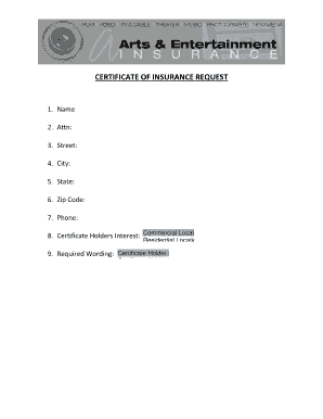 Fillable Online CERTIFICATE OF INSURANCE REQUEST 1 Fax Email Print ...