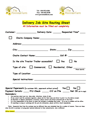 Fillable Online Delivery Job Site Routing Sheet - The Perennial Farm ...
