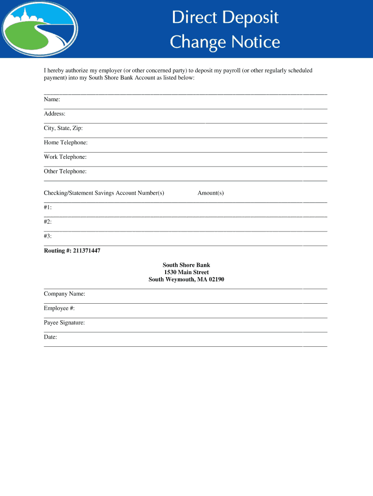 Fillable Online Direct Deposit Change Notice form - South Shore Bank ...