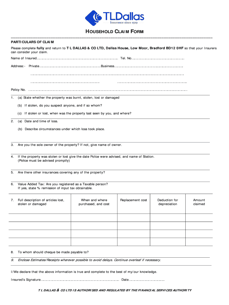 Fillable Online TLD Household Claim Form - T L Dallas Fax Email Print ...