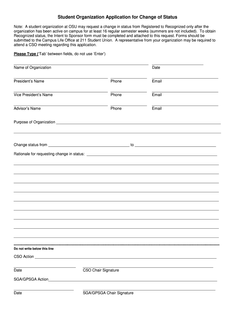 Fillable Online lcl okstate STUDENT ORGANIZATION APPLICATION FOR NAME ...