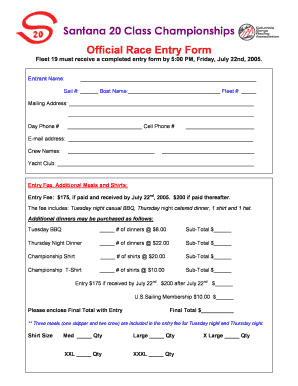 Fillable Online s20 Santana 20 Class Championships Official Race Entry ...
