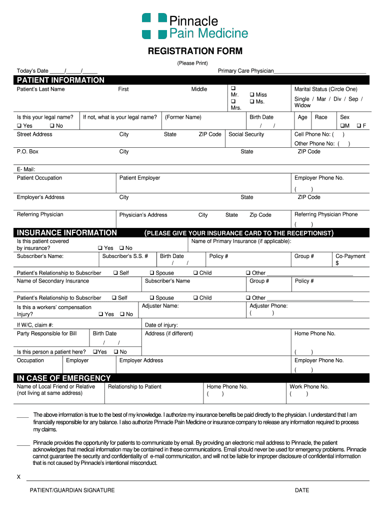 Pinnacle Pain Medicine Registration Form - Fill Online, Printable ...