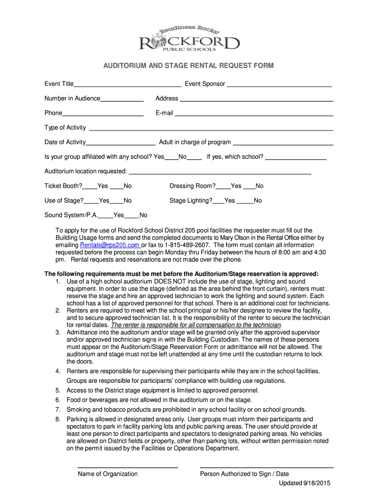 Fillable Online AUDITORIUM AND STAGE RENTAL REQUEST FORM Fax Email ...