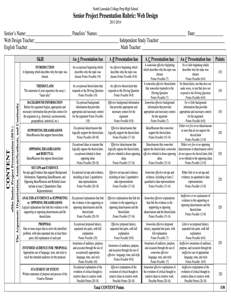 Fillable Online Senior Project Presentation Rubric Web Design Fax Email ...