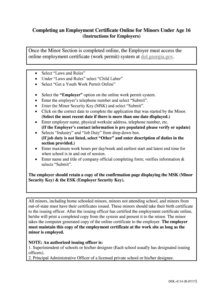 Fillable Online Completing an Employment Certificate Online for Minors ...