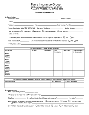 Fillable Online Contractor's Questionnaire - Tonry Insurance Fax Email ...