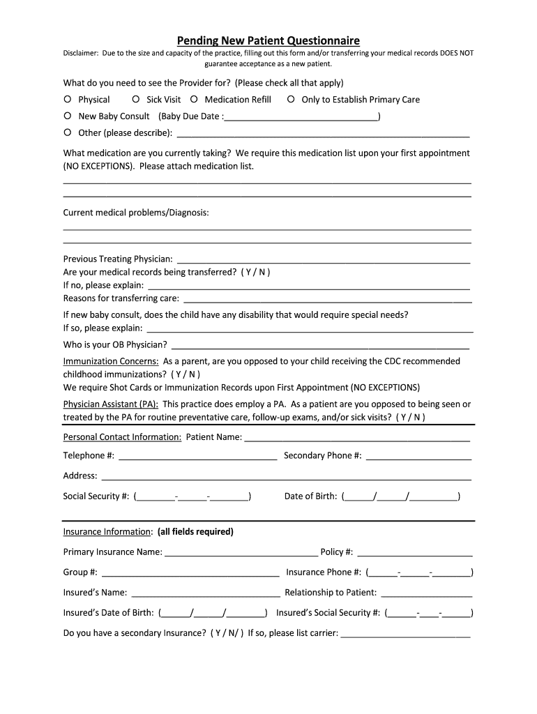 Fillable Online Pending New Patient Questionnaire - Gruene Lake Medical ...