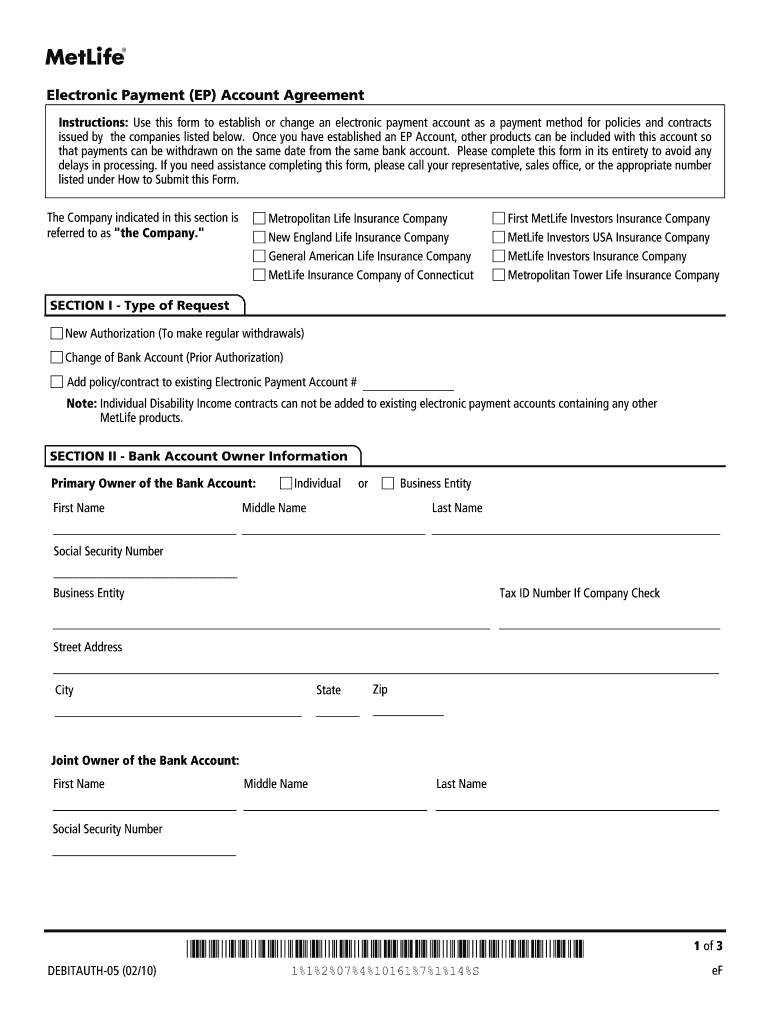 Fillable Online Electronic Payment EP Account Agreement - bMetLifeb Fax ...