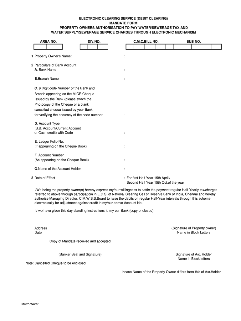 Fillable Online chennaimetrowater tn nic ELECTRONIC CLEARING SERVICE ...