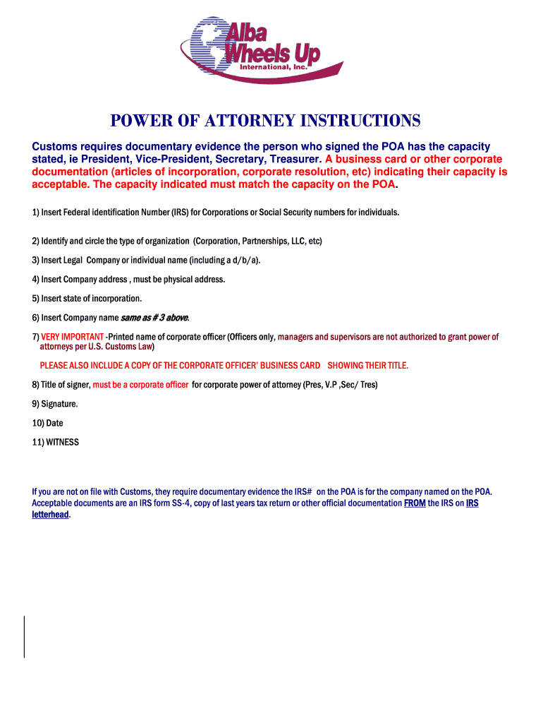 Fillable Online POWER OF ATTORNEY INSTRUCTIONS - Alba Wheels Up Fax ...
