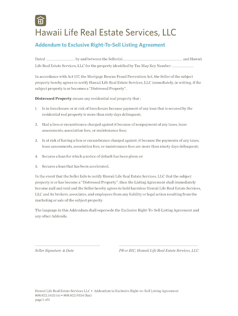 Fillable Online Addendum to Exclusive RightToSell Listing Agreement Fax ...