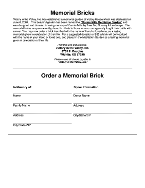 Fillable Online victoryinthevalley Memorial Bricks Order a Memorial Brick - Victory in the ...