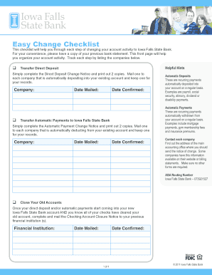 Fillable Online Easy Change Checklist - Iowa Falls State Bank Fax Email ...
