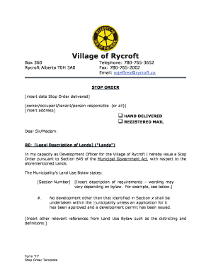 Fillable Online Form H Stop Order Template - Village of Rycroft Fax ...
