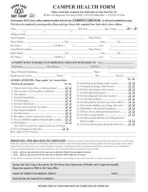 Fillable Online Camper HealtH Form - Spring Lake Day Camp Fax Email ...