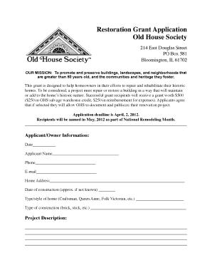 Fillable Online Restoration Grant Application Old House Society Fax ...