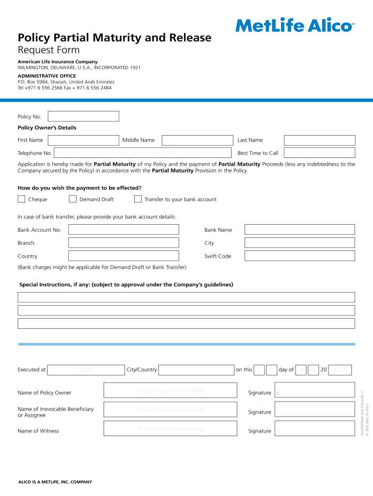 Fillable Online Policy Partial Maturity and Release Request Form Fax ...