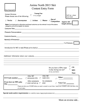 Fillable Online Anime North 2015 Skit Contest Entry Form Fax Email ...