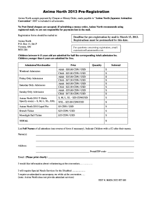 Fillable Online Anime North 2013 PreRegistration Anime North accepts ...