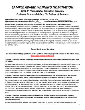 Fillable Online SAMPLE AWARD WINNING NOMINATION Fax Email Print - pdfFiller