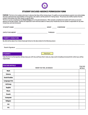Fillable Online adventepiscopalschool STUDENT EXCUSED ABSENCE PERMISSION FORM Fax Email Print ...