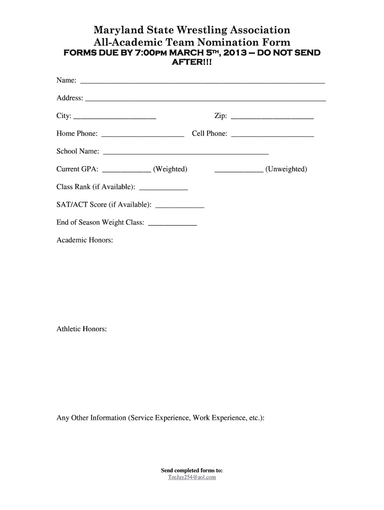 Fillable Online Maryland State Wrestling Association All-Academic Team ...