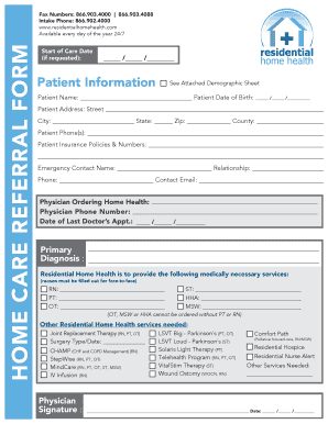 Fillable Online HOME CARE REFERRAL bFORMb - Residential bHome Healthb ...