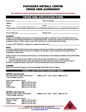 Fillable Online papakuranetball org PAPAKURA NETBALL CENTRE VENUE HIRE ...