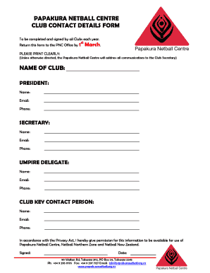 Fillable Online papakuranetball org PAPAKURA NETBALL CENTRE CLUB ...
