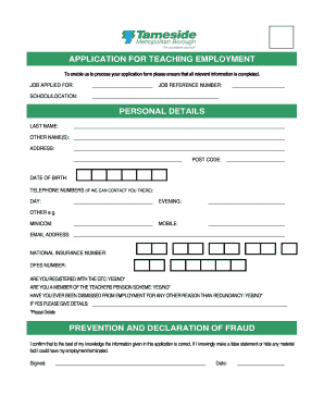 Fillable Online longdendale tameside sch Application Form Teaching ...