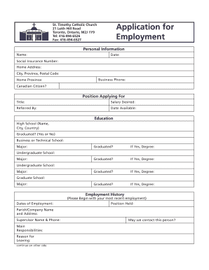Fillable Online sttim Application for Employment - St. Timothy's ...