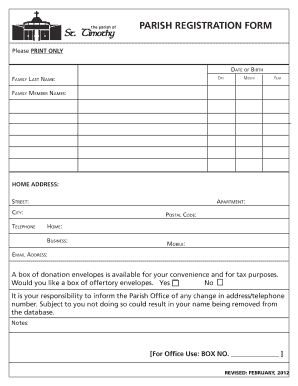 Fillable Online sttim The parish of PARISH REGISTRATION FORM - ST TIM ...
