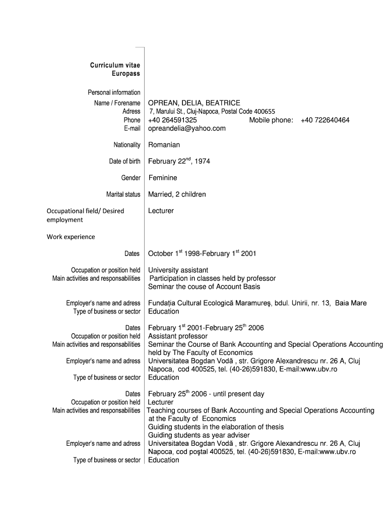 Fillable Online Curriculum vitae Europass - Bogdan Voda University Fax ...