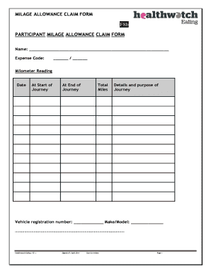 Fillable Online healthwatchealing co Milage allowance claim form participant milage allowance ...