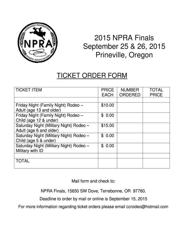 Fillable Online nprarodeo Mail in Ticket order Form - NPRA Fax Email ...