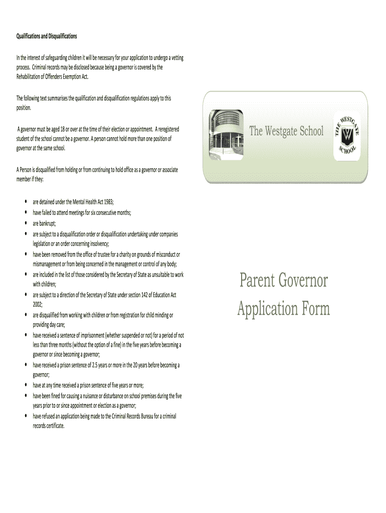 Fillable Online westgate slough sch Parent Governor Application Form ...